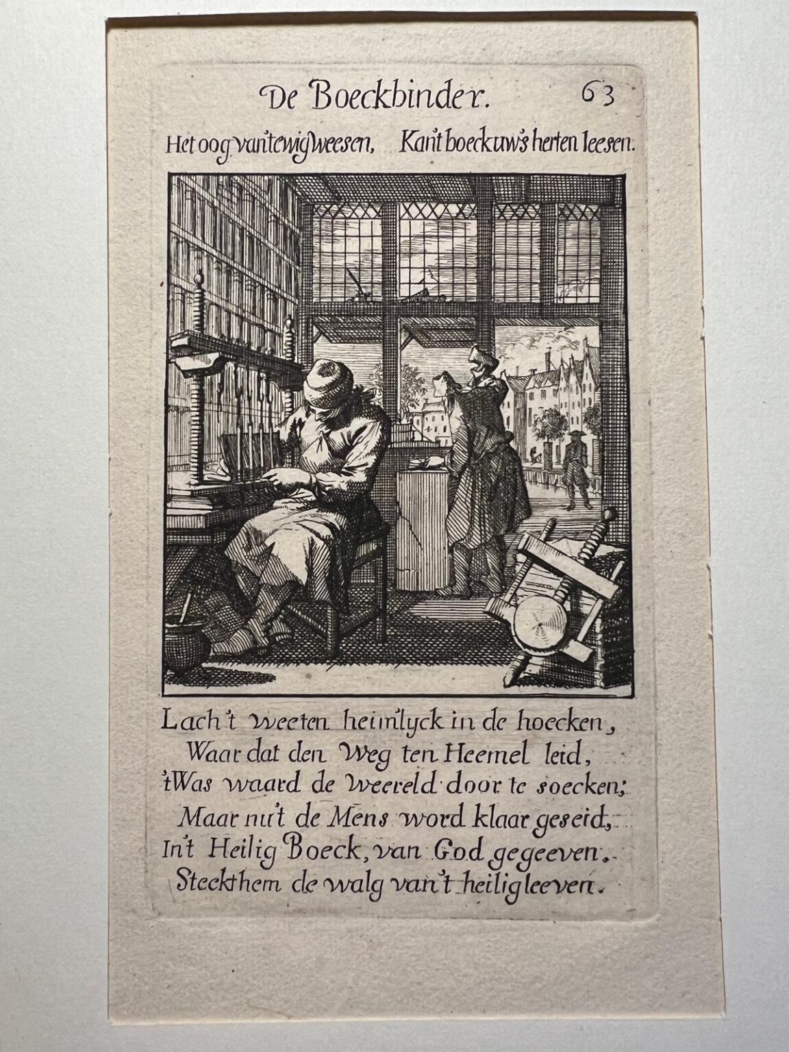 Antique print/originele prent: De Boekbinder/The Bookbinder.